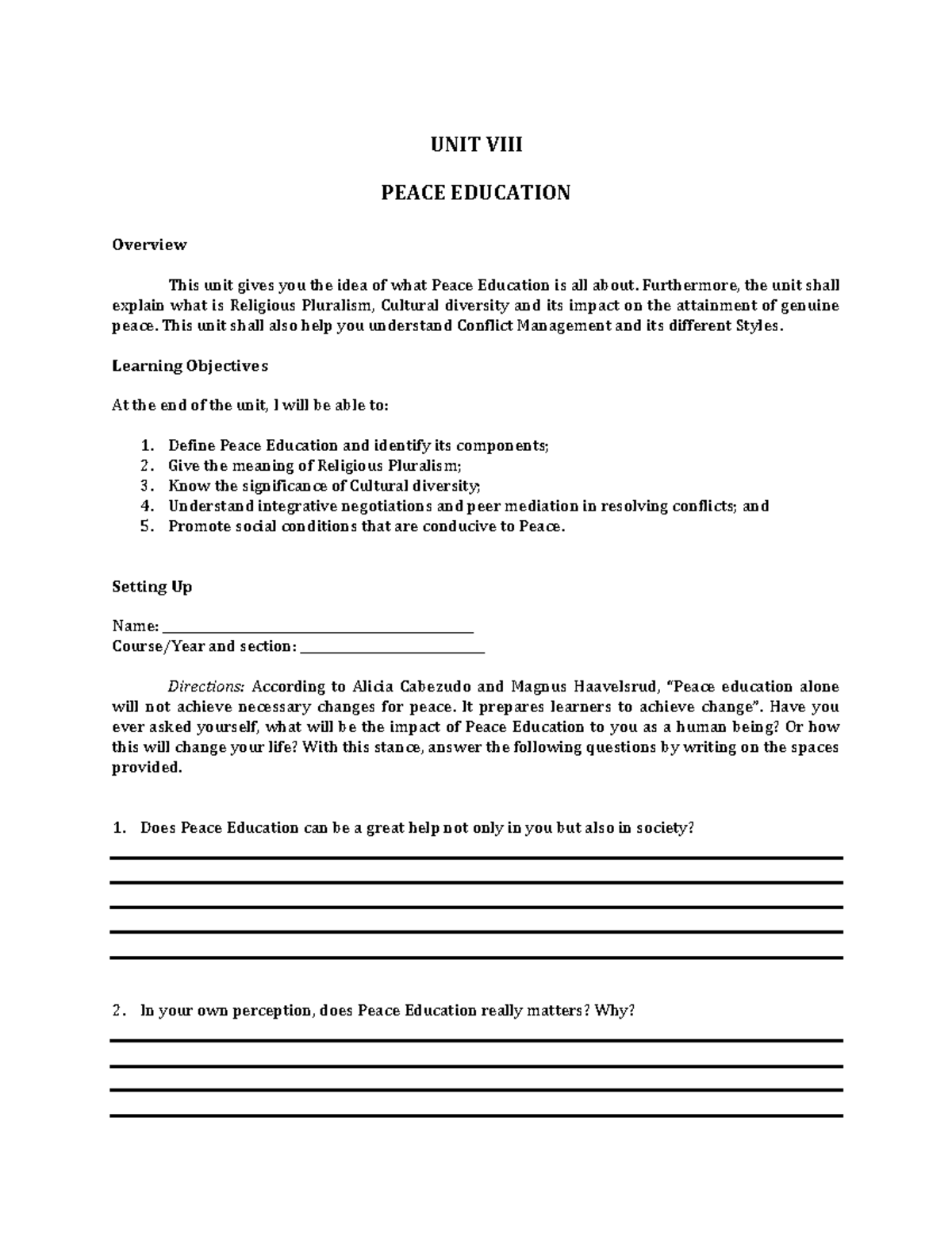 UNIT 8 module NSTP 1 Revised Minimum 2021 - UNIT VIII PEACE EDUCATION ...