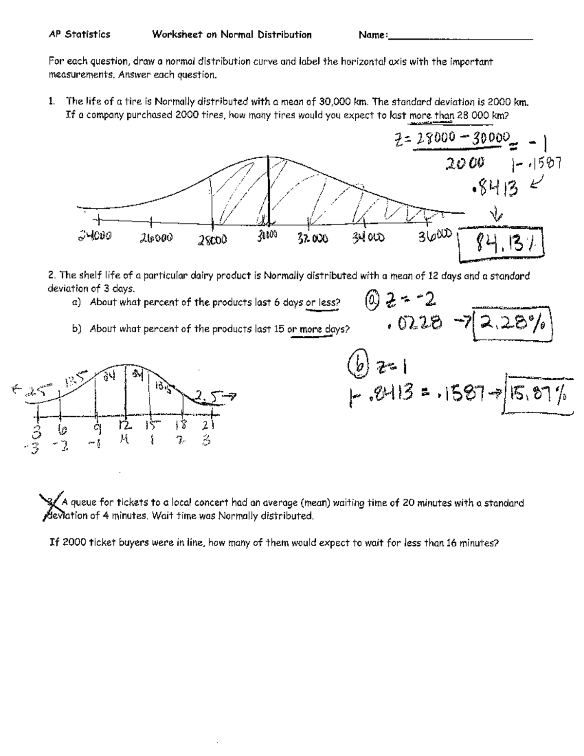 Maths for computing - AP Statistics Worksheet on Normal Distribution ...