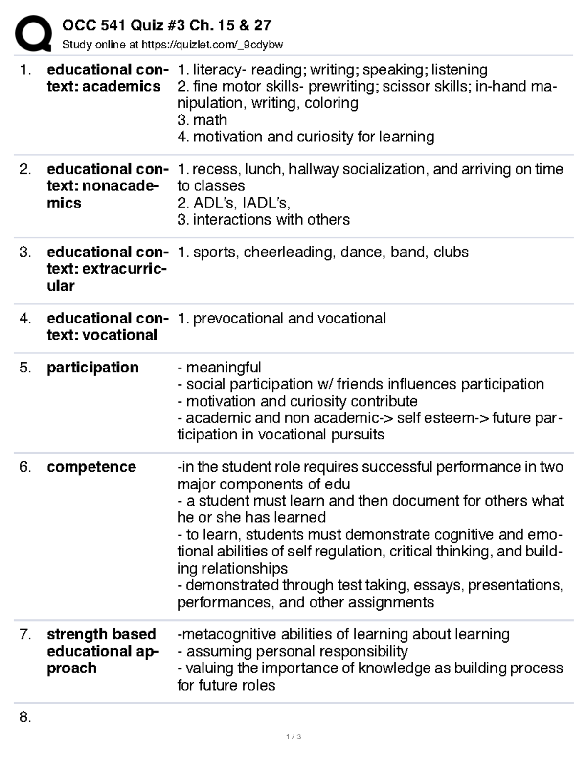 Reading Quiz week 4 - Dr. P - OCC 541 Quiz #3 Ch. 15 & 27 Study online ...