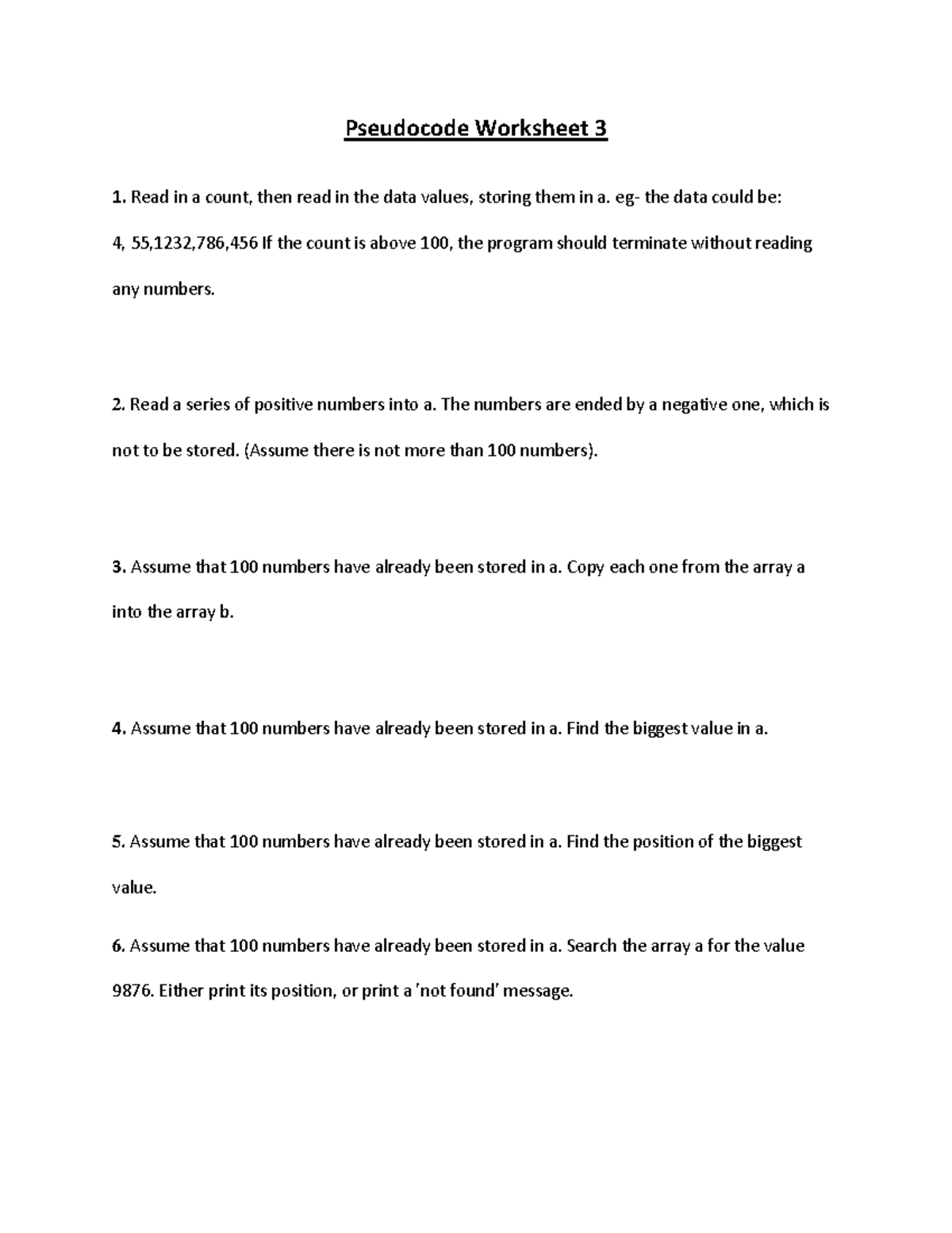Pseudocode Worksheet 3 Read In A Count Then Read In The Data Values