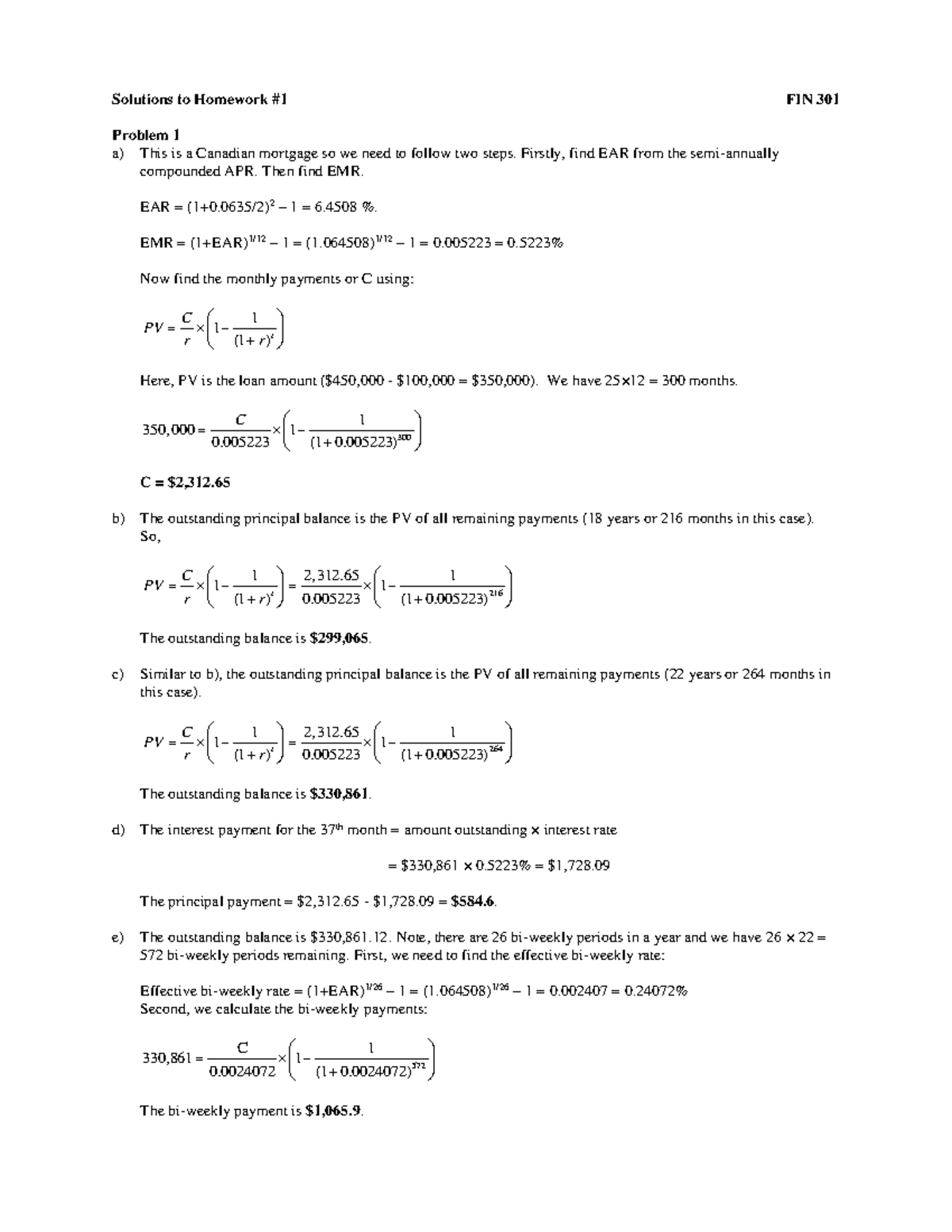 Homework 1, solutions - Solutions to Homework #1 FIN 301 Problem 1 a ...