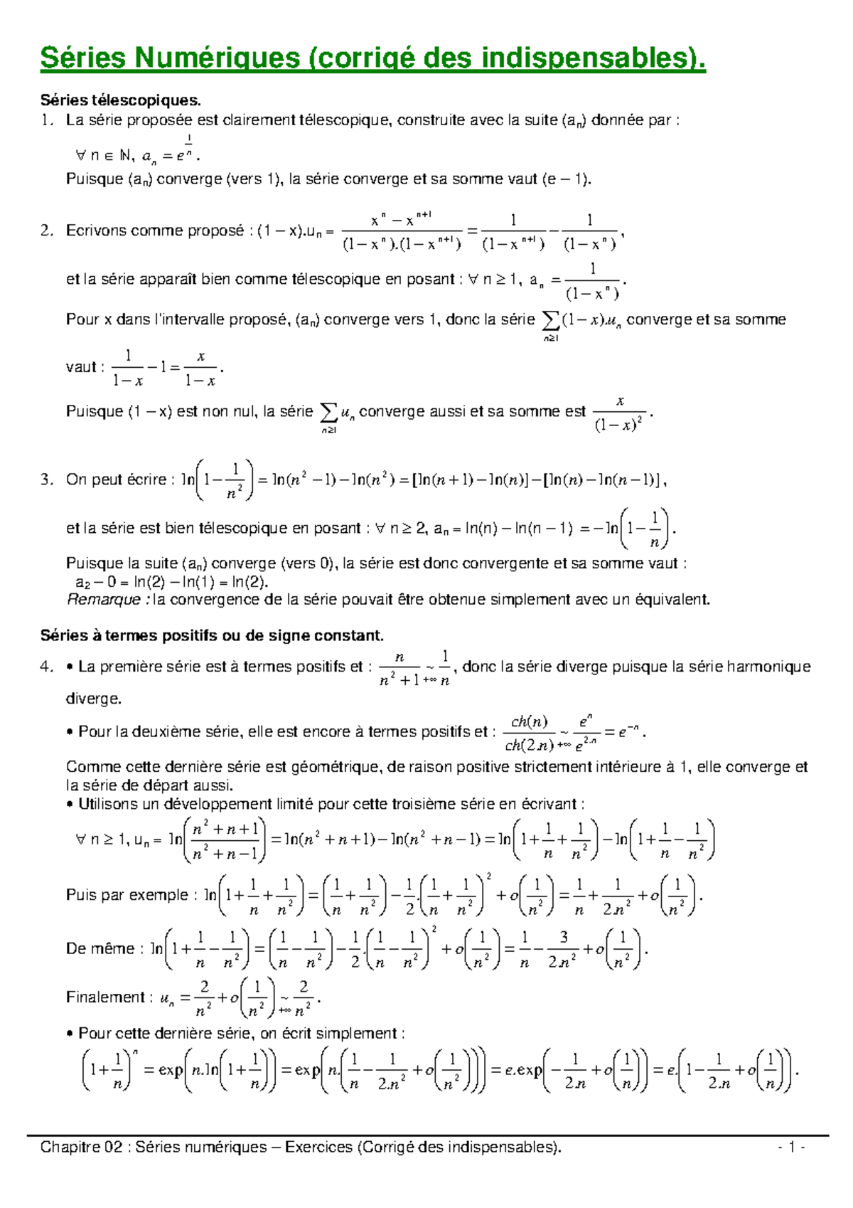 02 - series numeriques exercices corriges indispensables - Séries Numériques (corrigé des - Studocu