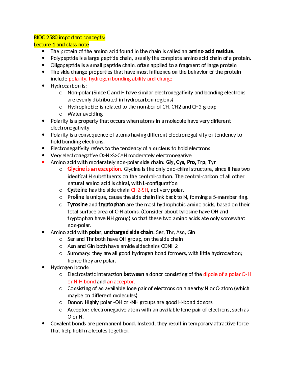 BIOC 2580 important concepts - BIOC 2580 important concepts: Lecture 1 ...