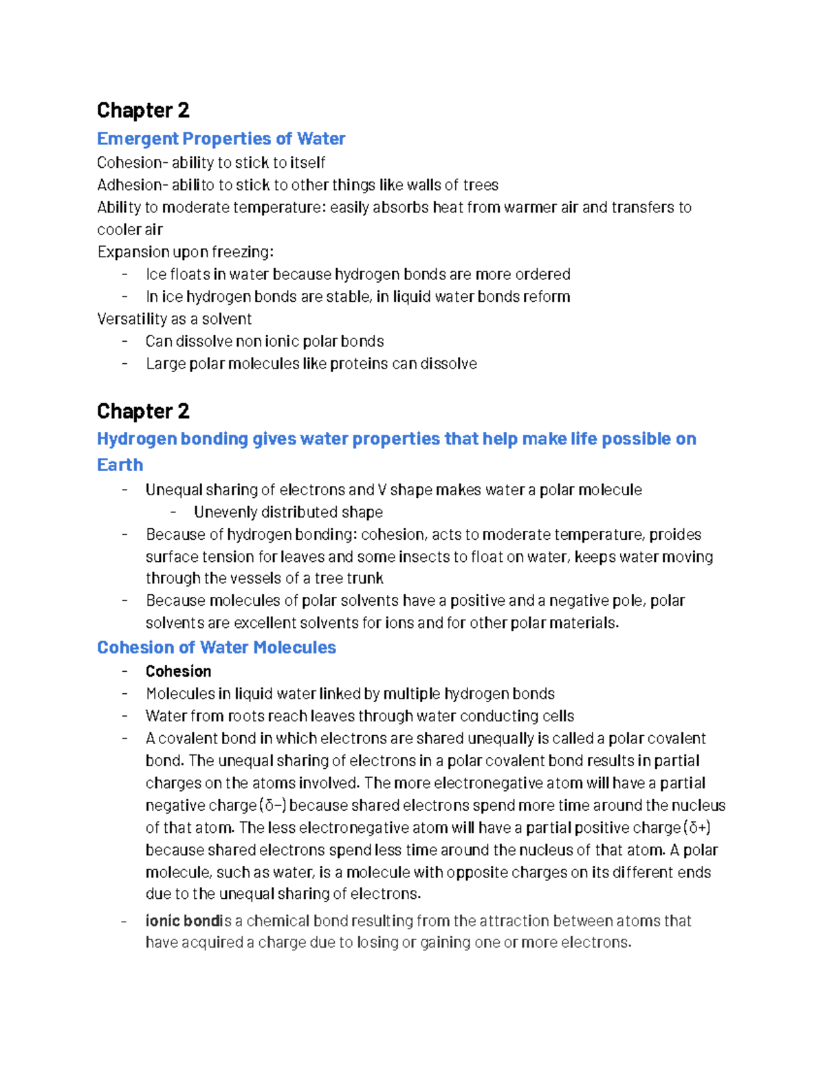 BIO Textbook Notes UNIT 1 - Chapter 2 Emergent Properties of Water ...