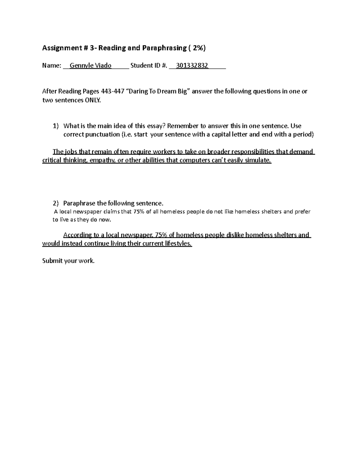 Assignment # 3 Main idea and Paraphrasing review Gennyle Viado - Assignment # 3- Reading and ...