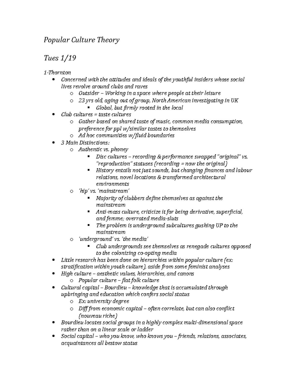 Popular Culture Theory Lecture Notes for Exam 1 - Popular Culture ...