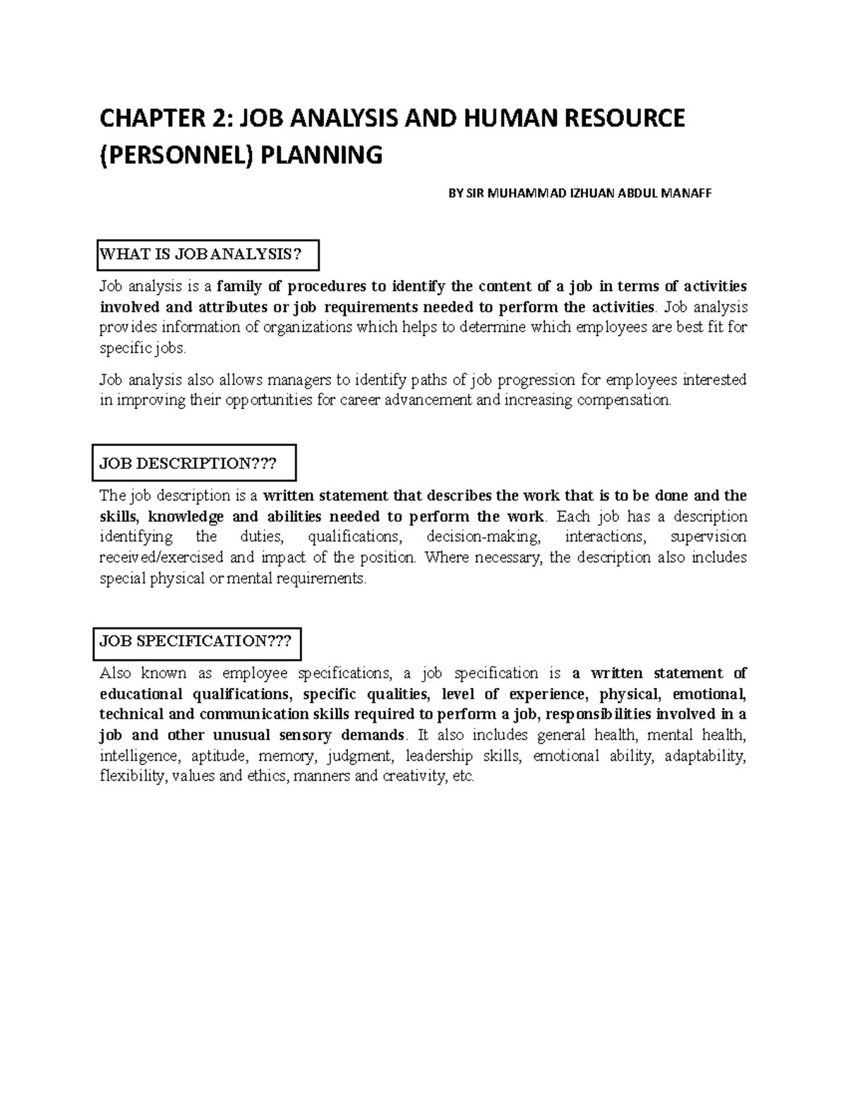 Chapter 2 Extra Notes 215 - CHAPTER 2: JOB ANALYSIS AND HUMAN RESOURCE ...