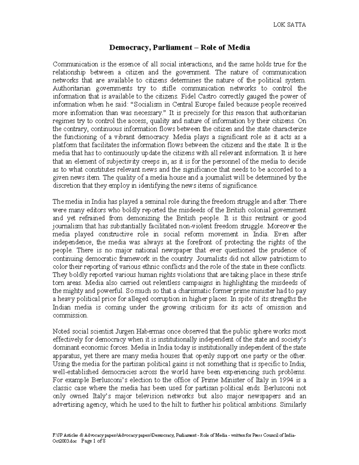 Democracy, Parliament - Role of Media - written for Press Council of ...