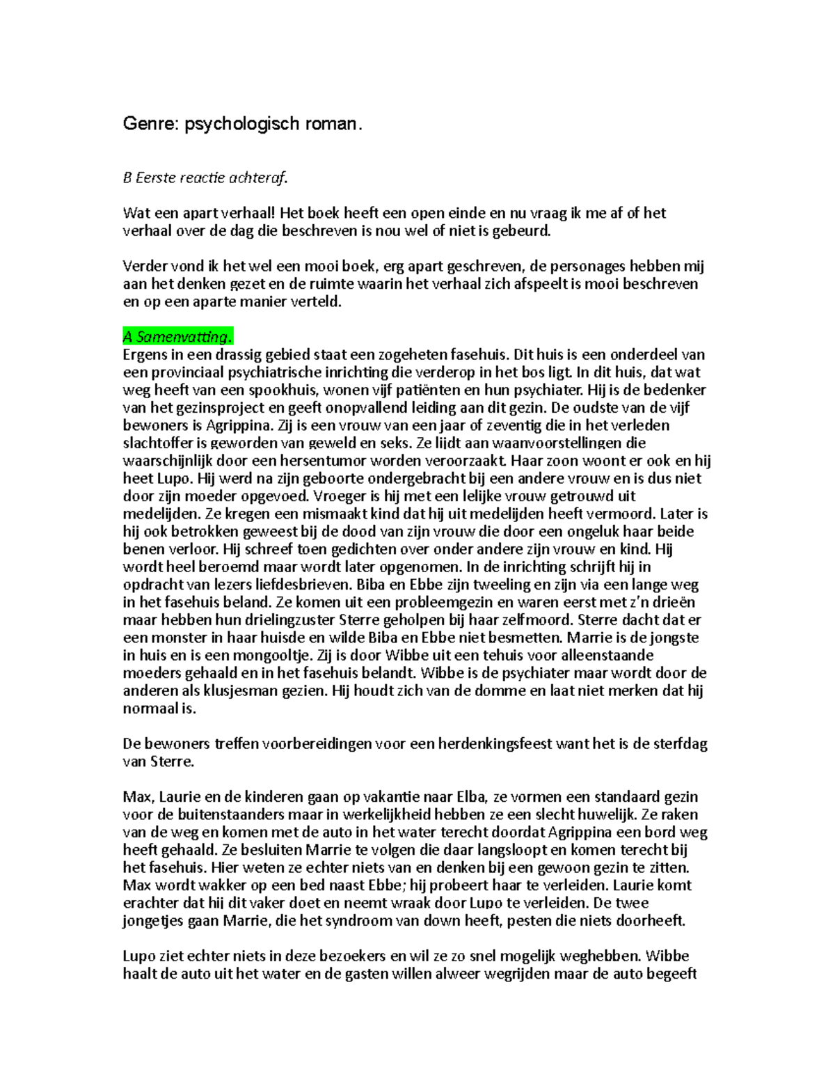 Buietsntaander boekverslag 1 - Genre: psychologisch roman. B Eerste ...