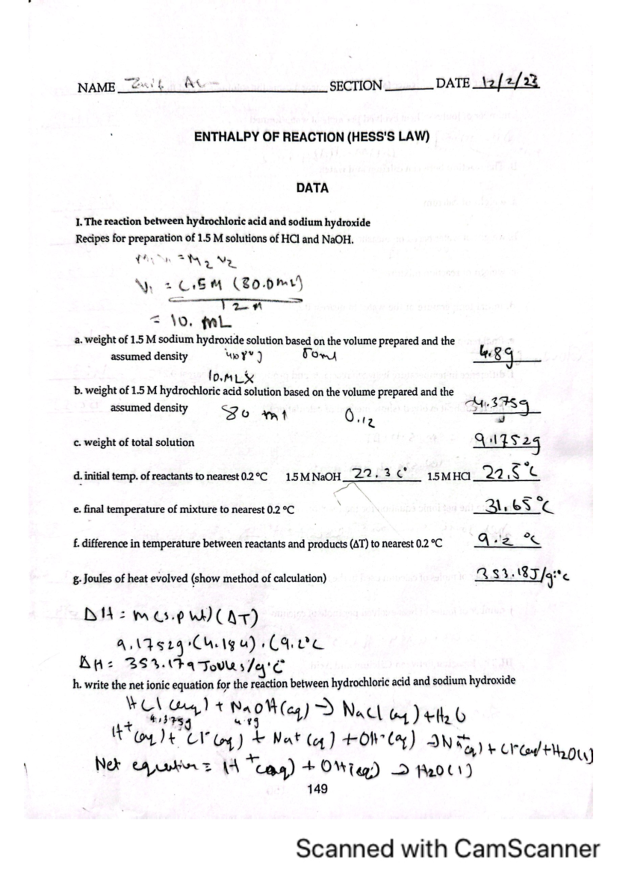 Enthalpy report - Chem 003L - Studocu
