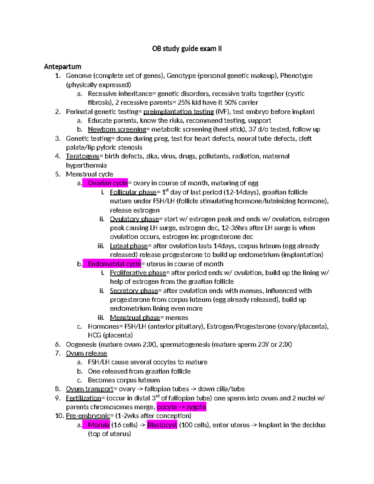 OB study guide exam II revized - OB study guide exam II Antepartum ...