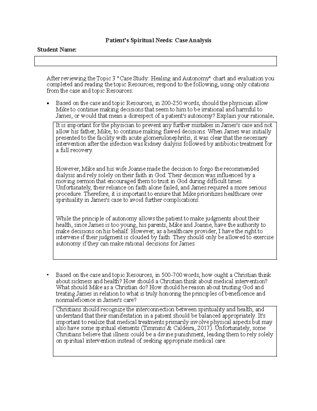 Week 5 Spiritual Needs Case Analysis - Patient's Spiritual Needs: Case ...