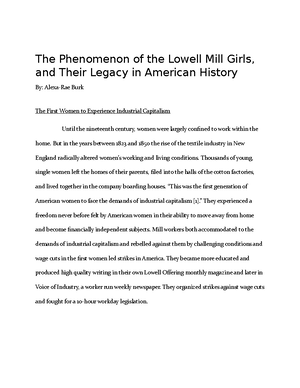 Lowell women workers - LOWELL WOMEN WORKERS Critically examine the ...