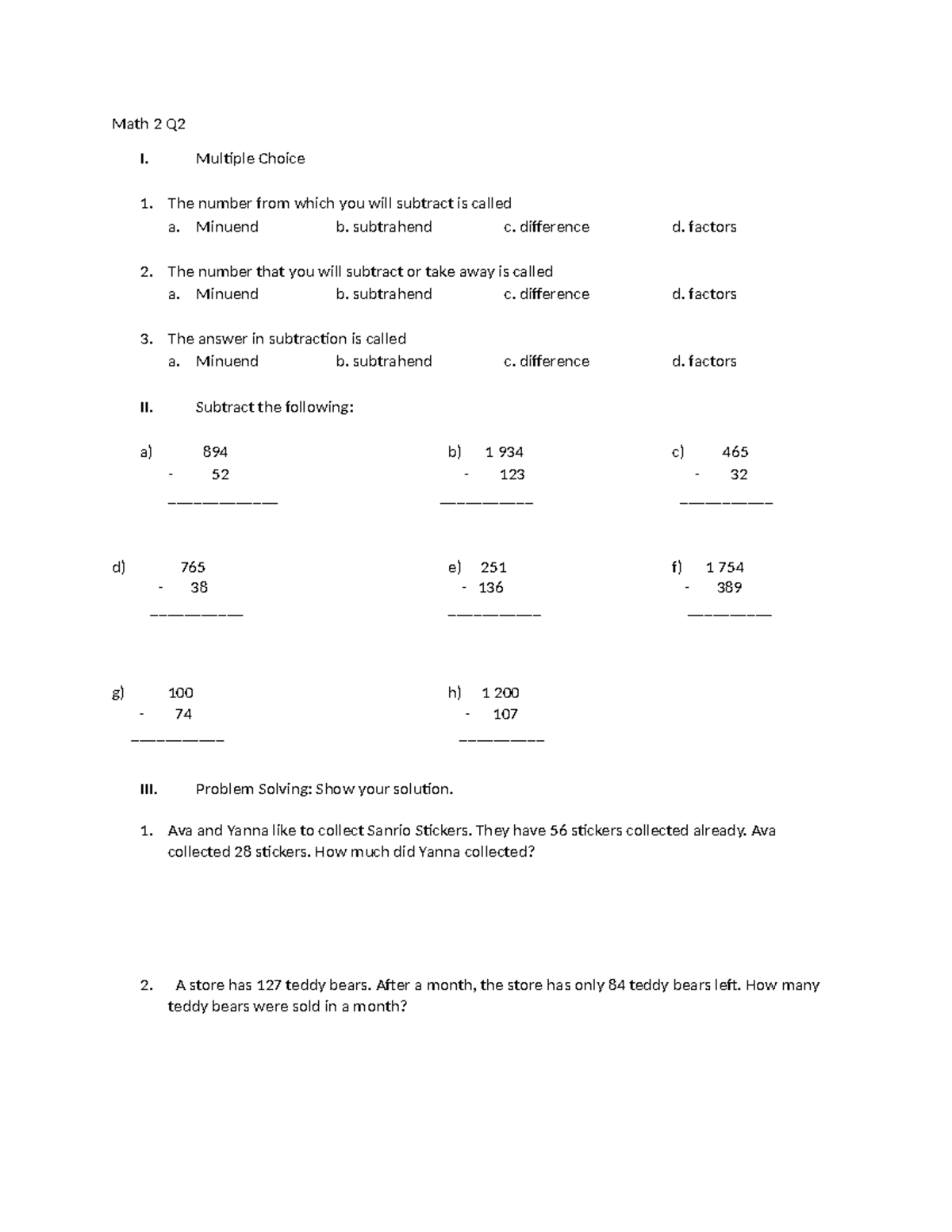Math 2 Q2 - for review - Math 2 Q I. Multiple Choice 1. The number from ...