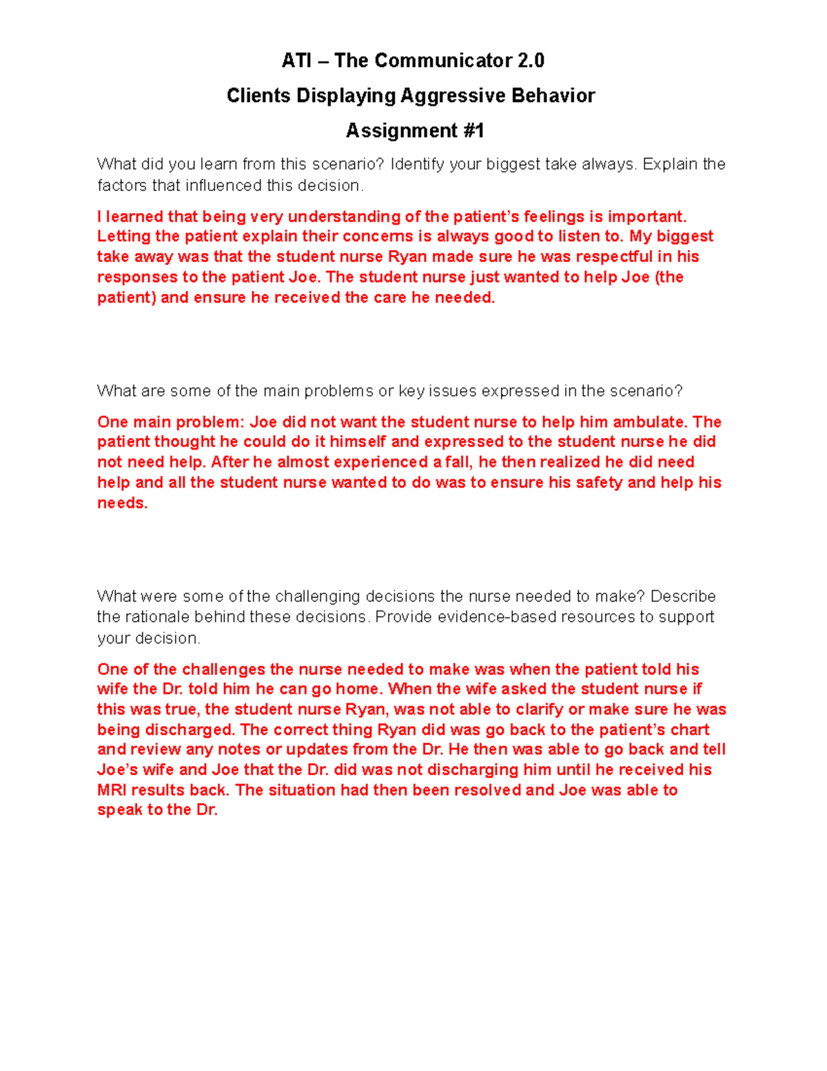ATI - Clients Displaying Aggressive Behavior Assignment - ATI – The ...
