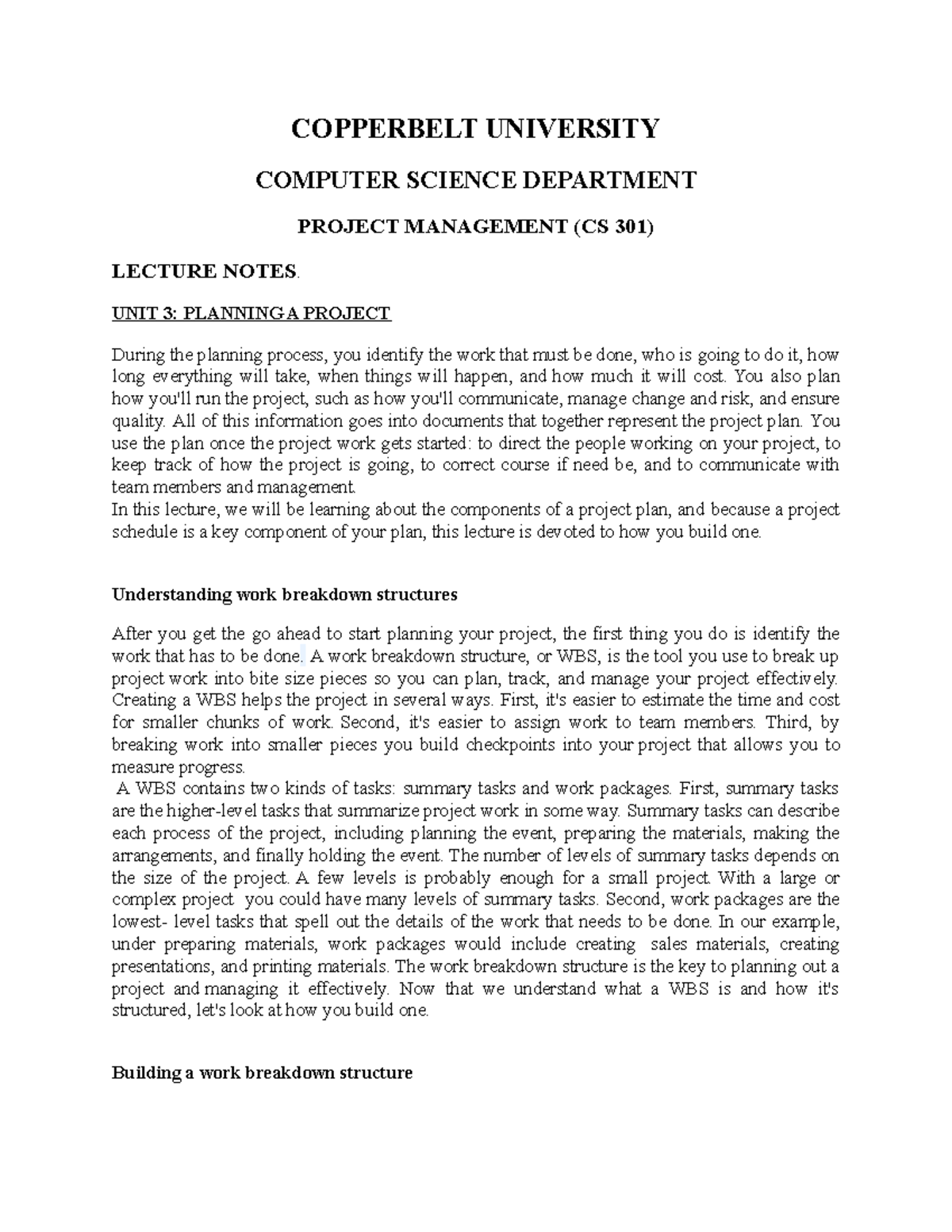 BIT 565 - Project Management Lecture 3 (Planning a Project) - COPPERBELT UNIVERSITY COMPUTER ...