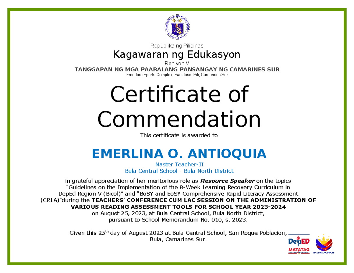 LAC Cert for Learning Facilitator Speaker - Kagawaran ng Edukasyon Rehiyon V TANGGAPAN NG MGA ...