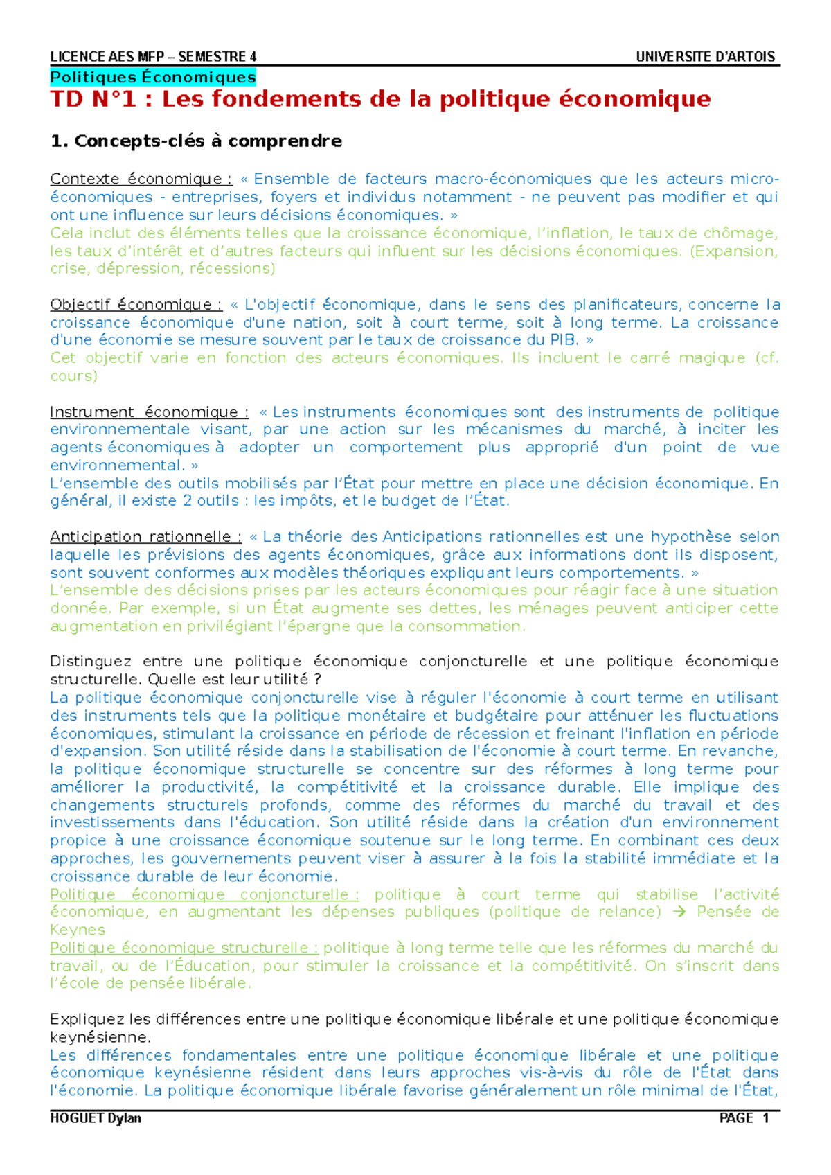 TD1 - Politique Générale - Politiques Économiques TD N°1 : Les ...