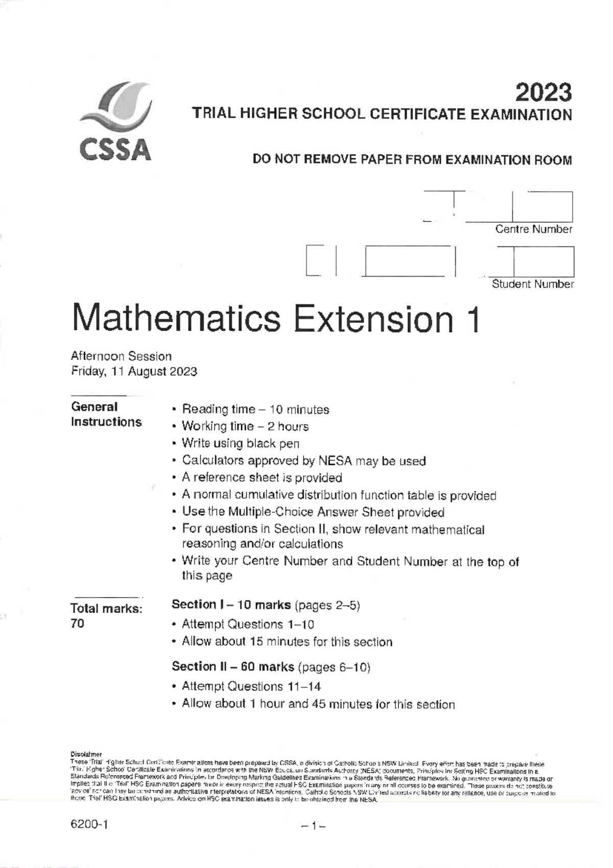 2023 CSSA - 2023 CSSA - 2023 TRIAL HIGHER SCHOOL CERTIFICATE EXAMINATION CSSA DO NOT REMOVE ...