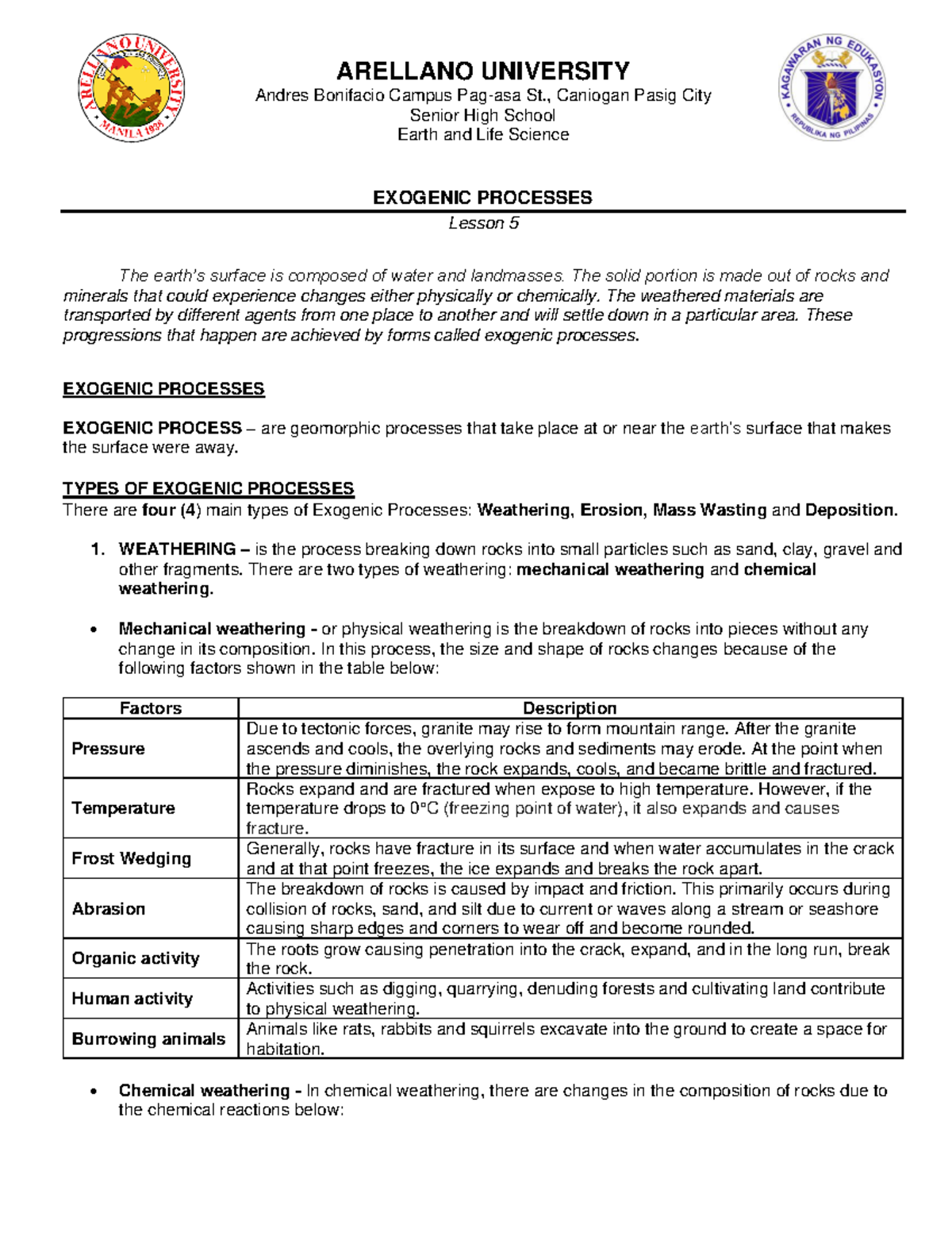 Lesson 5 Exogenic Processes - ARELLANO UNIVERSITY Andres Bonifacio ...