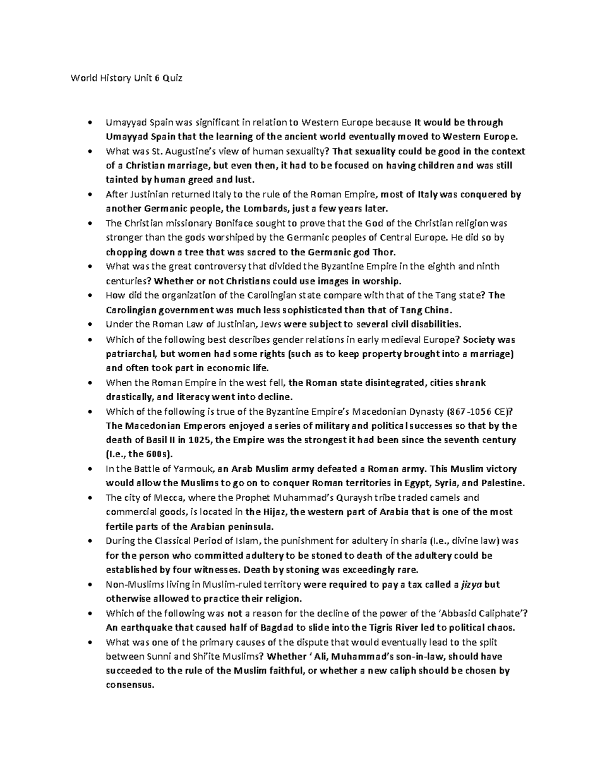HIST 1111 Unit 6 Quiz - Western Europe, Byzantium, and Islam - World ...