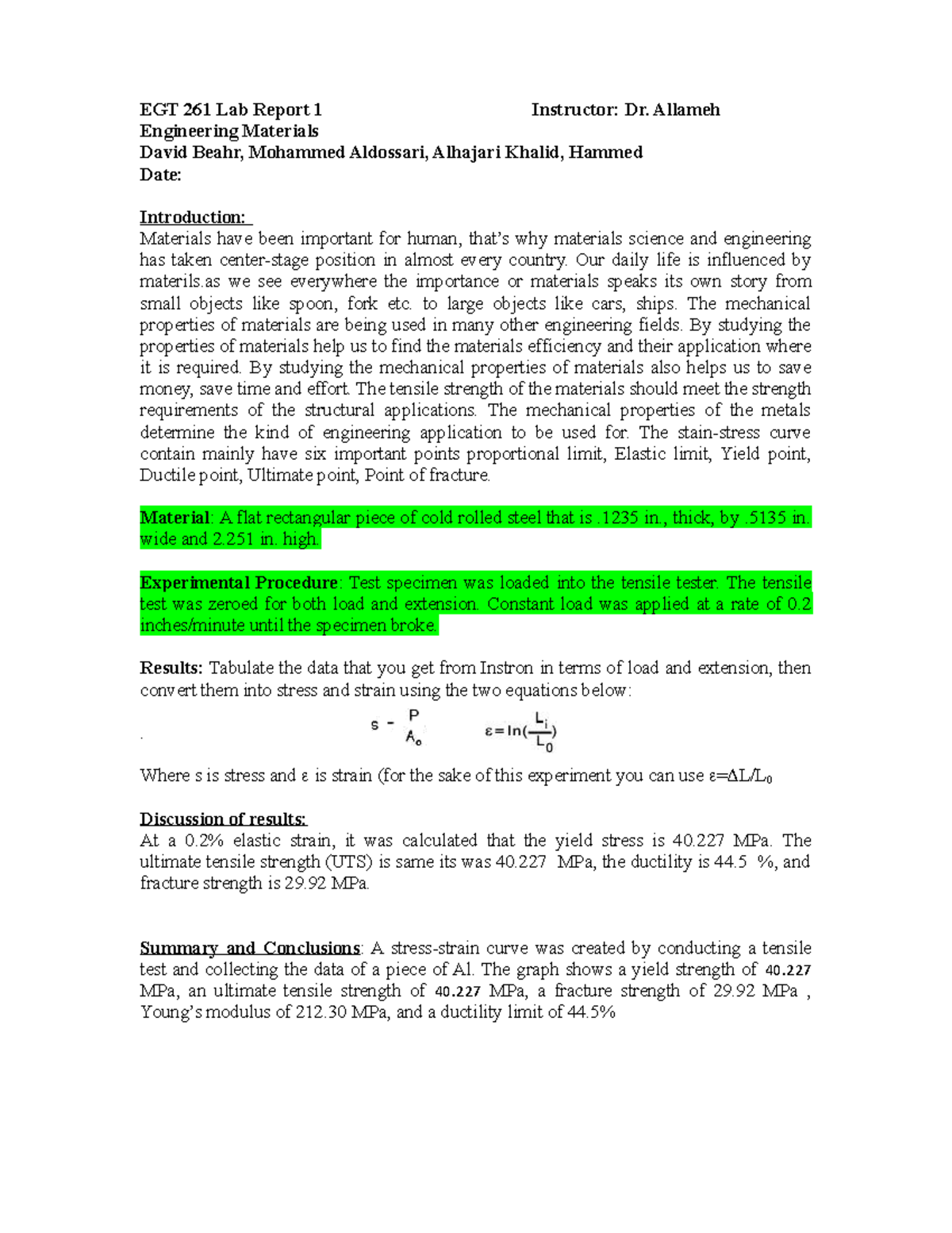 Material Lab Report - Chemitry ASUN LAB - EGT 261 Lab Report 1 ...