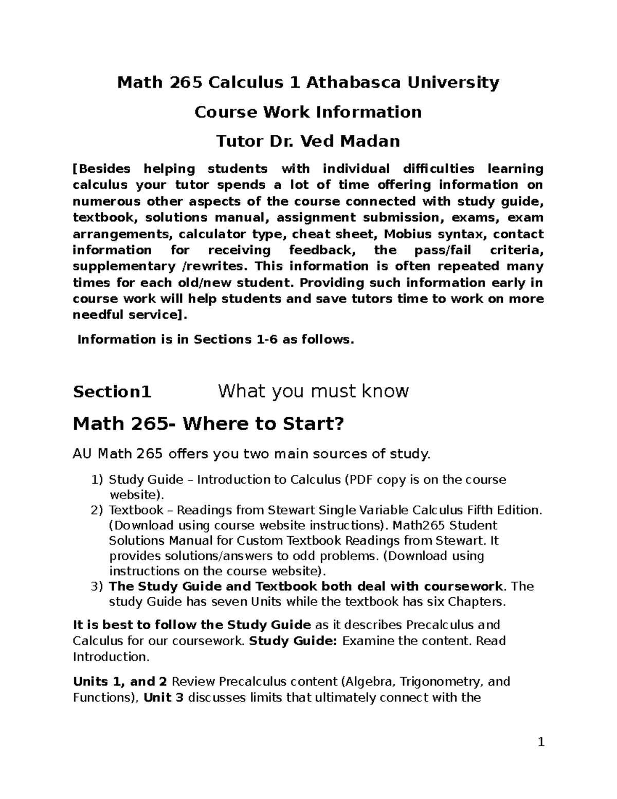 Course WORK Information - Math 265 Calculus 1 Athabasca University ...