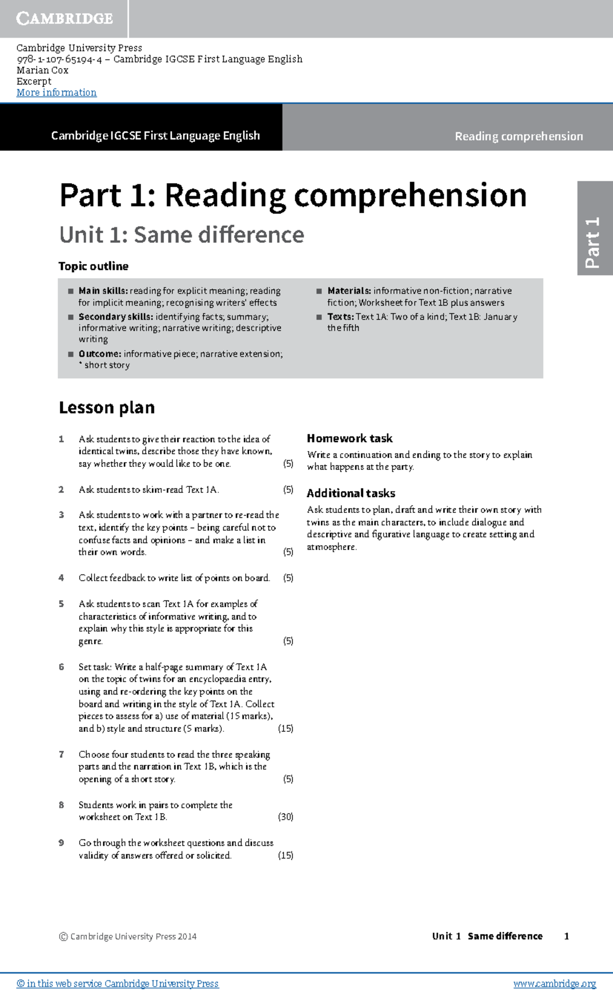 Cambridge Igcse First Language English Reading comprehension ...
