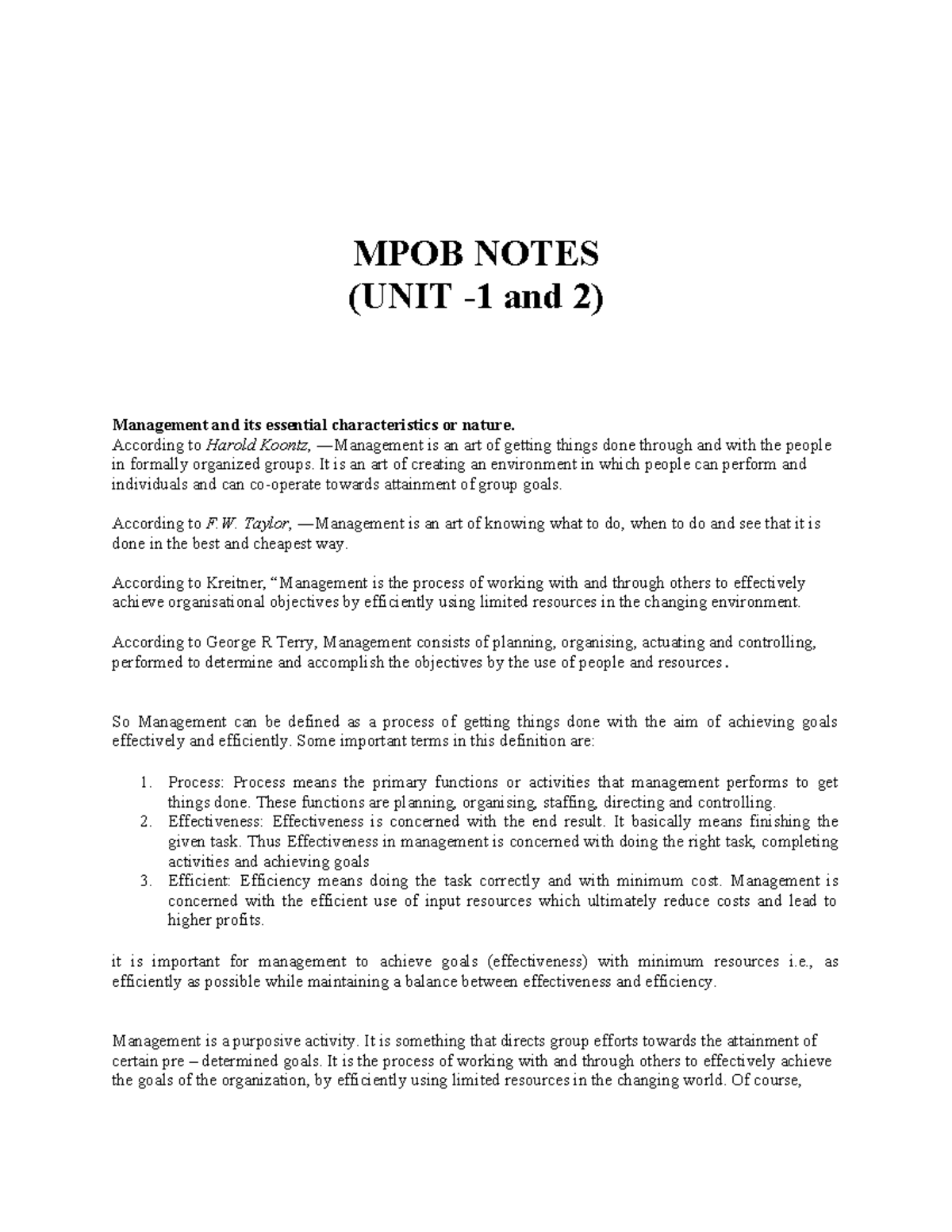 Unit 1MPOB - Just notes - MPOB NOTES (UNIT -1 and 2) Management and its ...