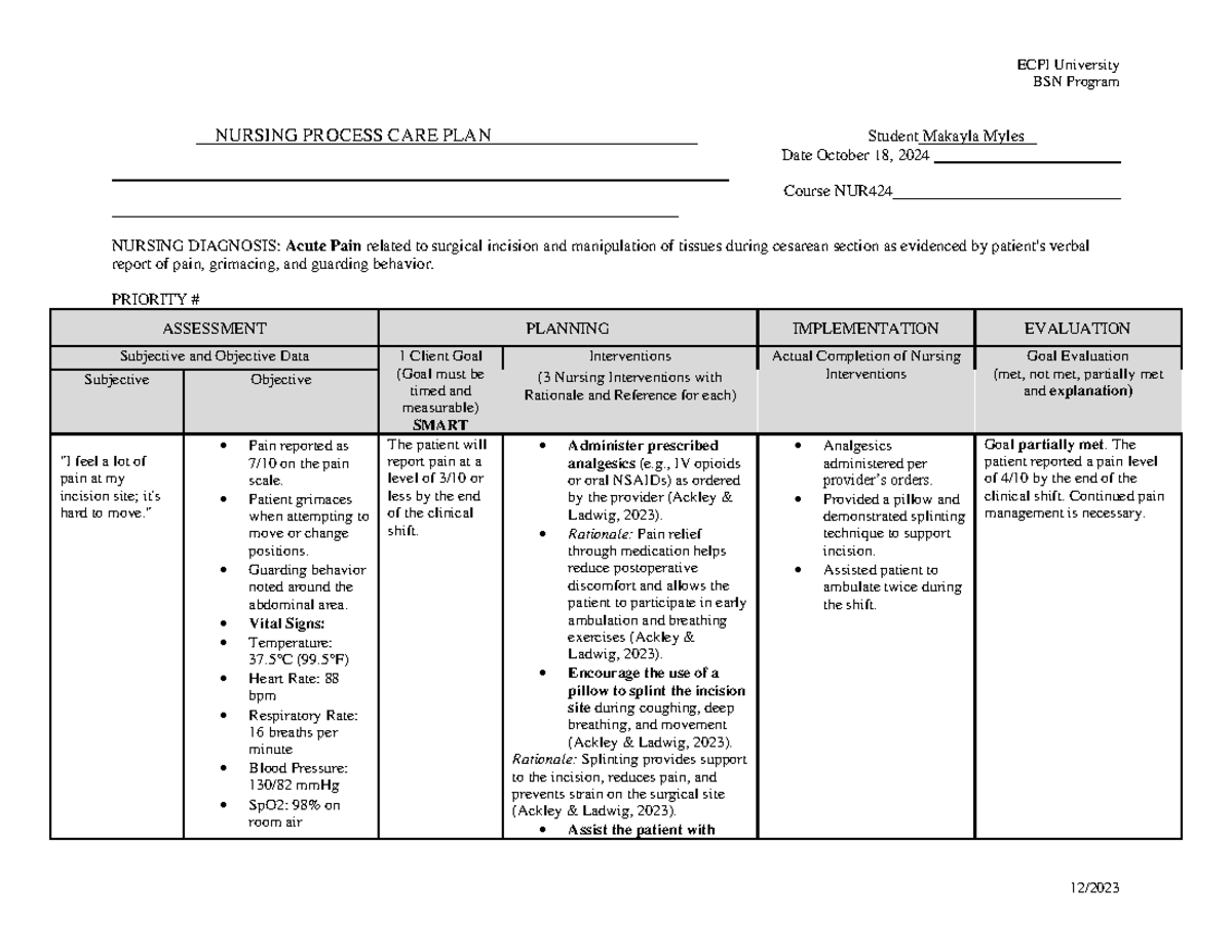 NUR424 careplan 2 - ECPI University BSN Program 12/ NURSING PROCESS ...