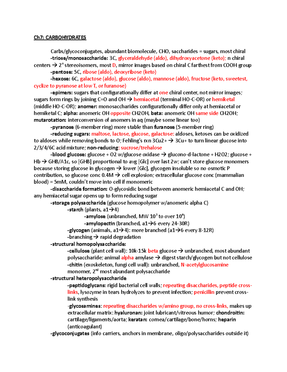 Biochem EXAM 3 Study Guide - Ch7: CARBOHYDRATES Carbs/glycoconjugates ...