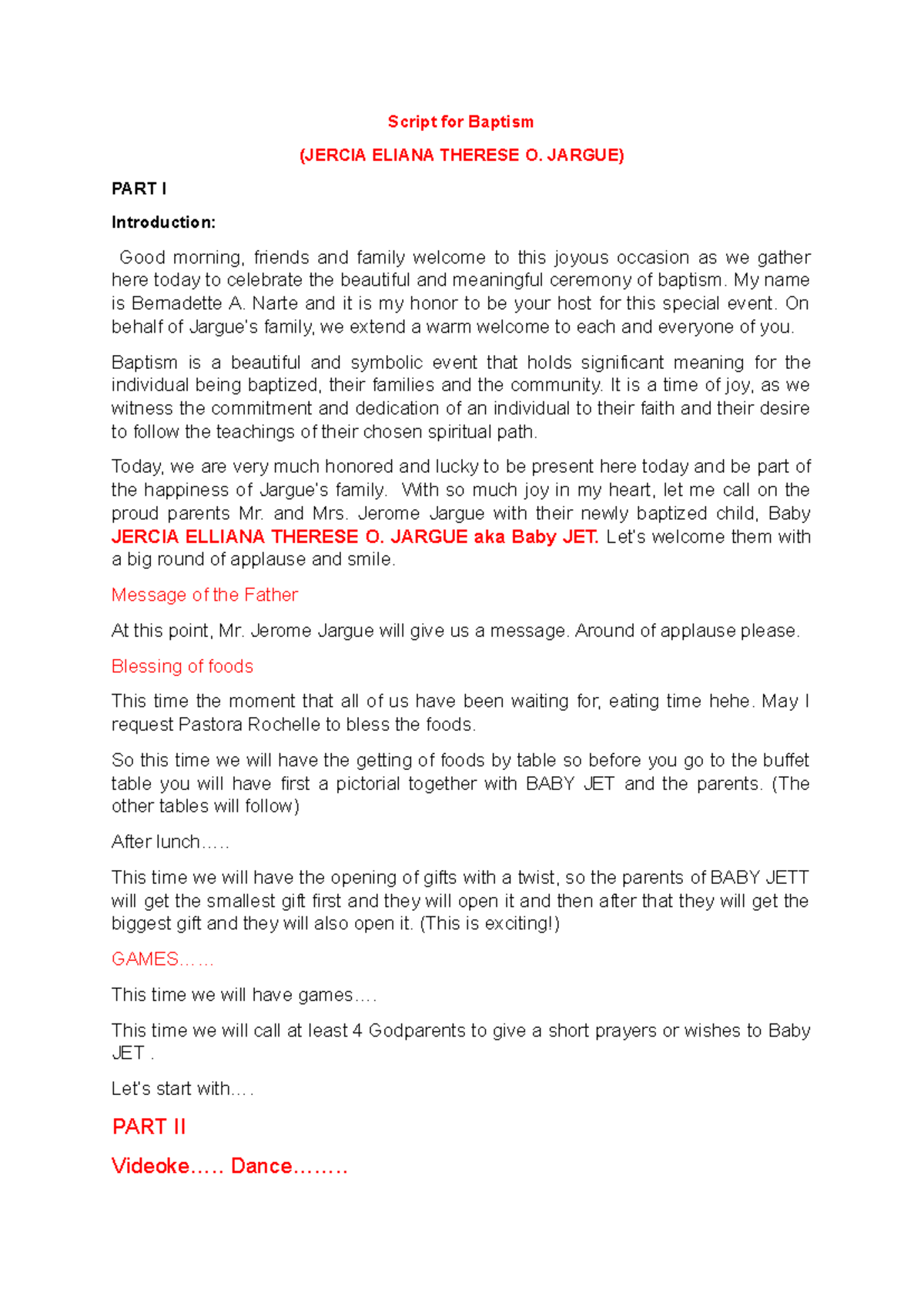 Script FOR Baptism - Script for Baptism (JERCIA ELIANA THERESE O ...