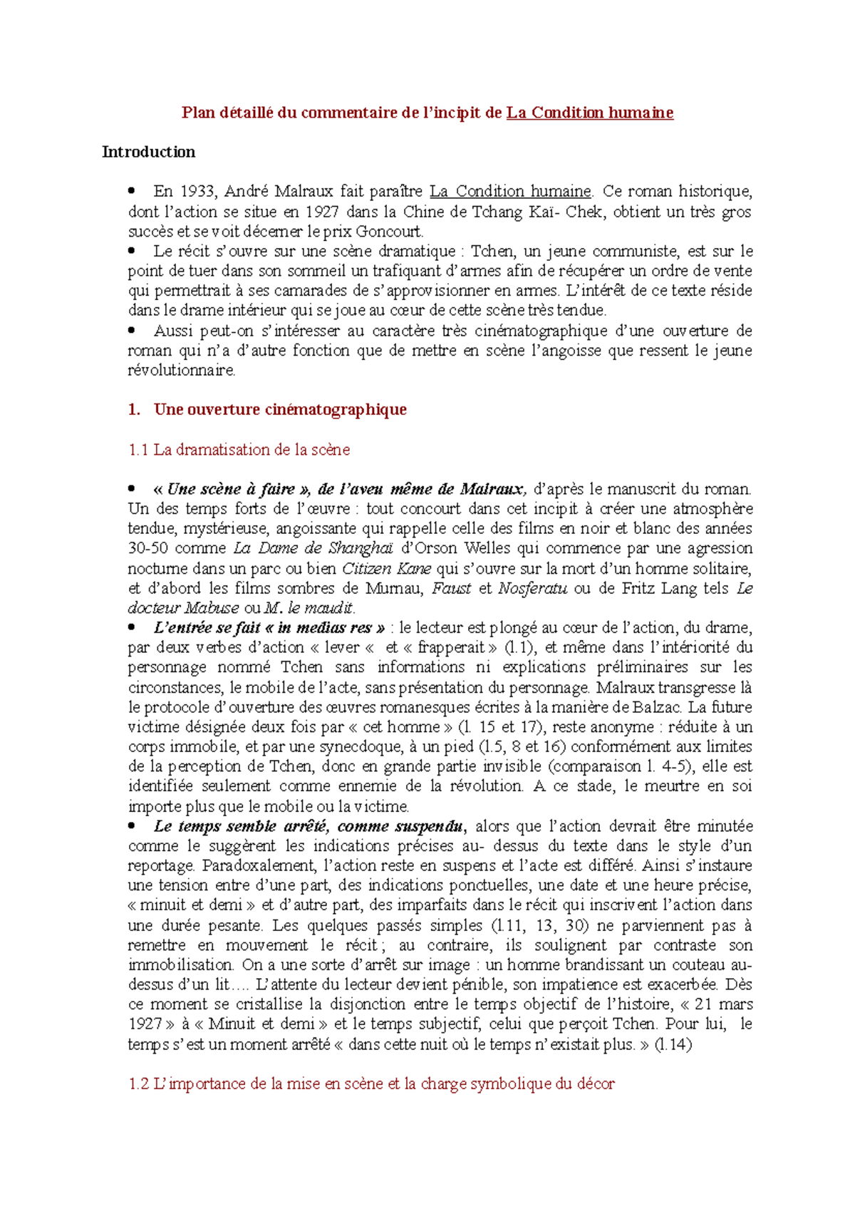 OE2 SEQ1 LA3 Malraux condition humaine - Plan détaillé du commentaire de l’incipit de La ...