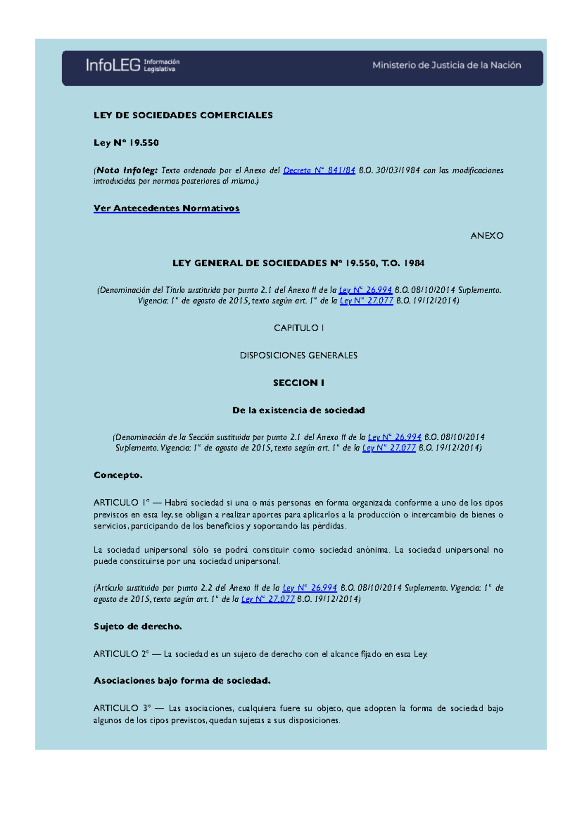 Ley 19.550, Sociedades - LEY DE SOCIEDADES COMERCIALES Ley Nº 19. (Nota Infoleg: Texto ordenado ...