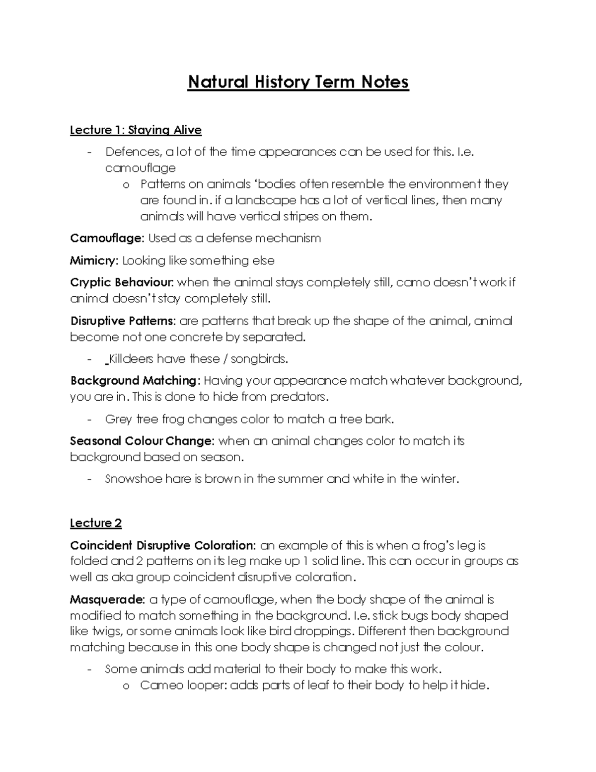 Nature of History lectures 1-3 - Natural History Term Notes Lecture 1 ...