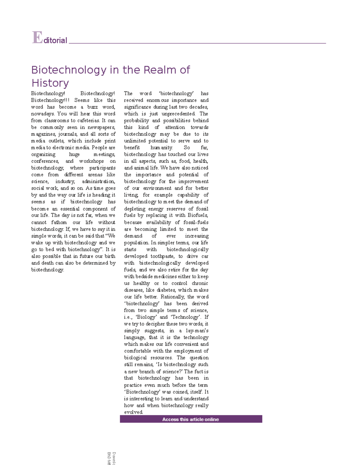 Biotechnology in the realm of history - Editorial Biotechnology in the ...