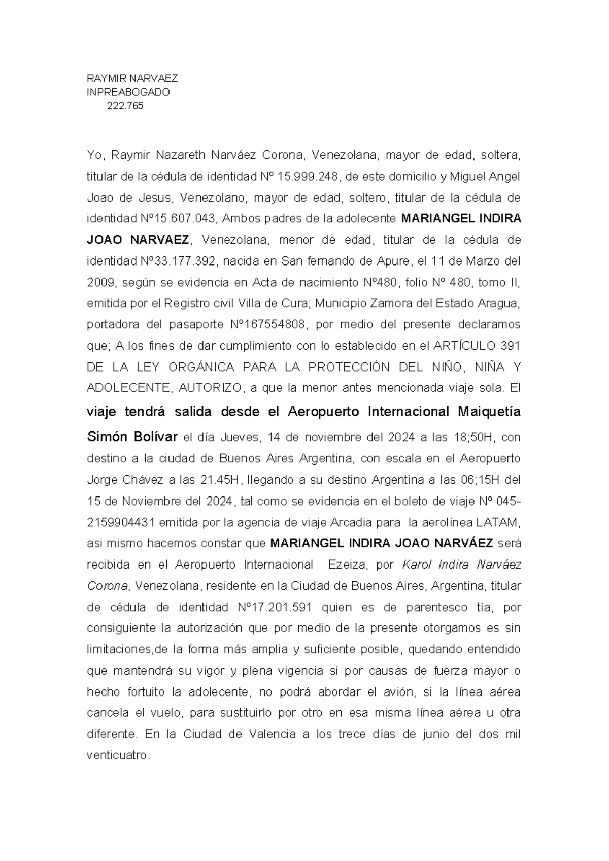 Raymir - RAYMIR NARVAEZ INPREABOGADO 222. Yo, Raymir Nazareth Narváez ...