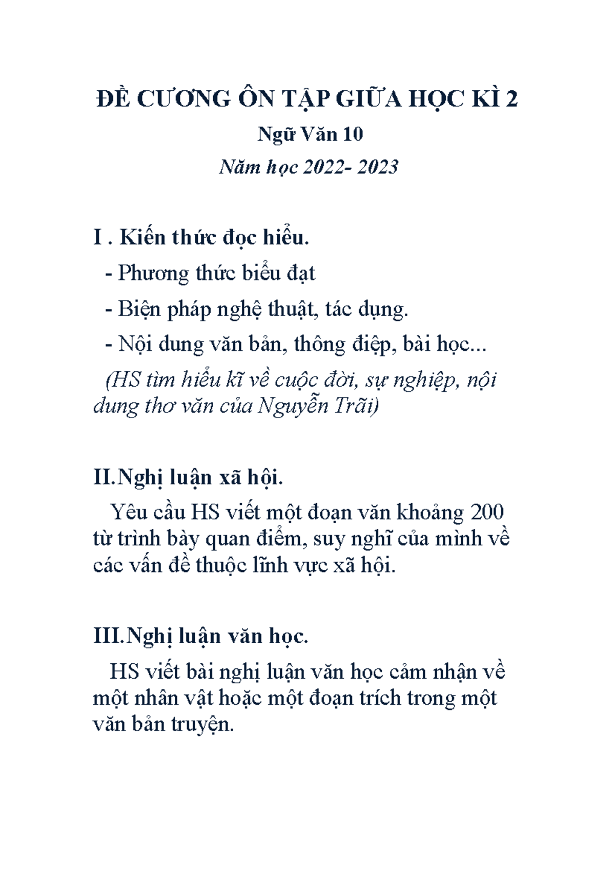 ĐỀ CƯƠNG ÔN TẬP GIỮA HỌC KÌ 2 - ĐỀ CƯƠNG ÔN TẬP GIỮA HỌC KÌ 2 Ngữ Văn ...
