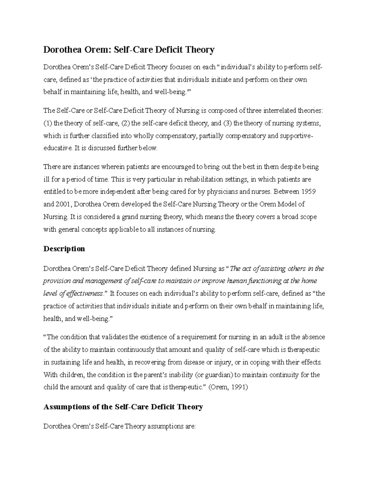 Dorothea OREM SELF-CARE Deficit Theory - Dorothea Orem: Self-Care ...