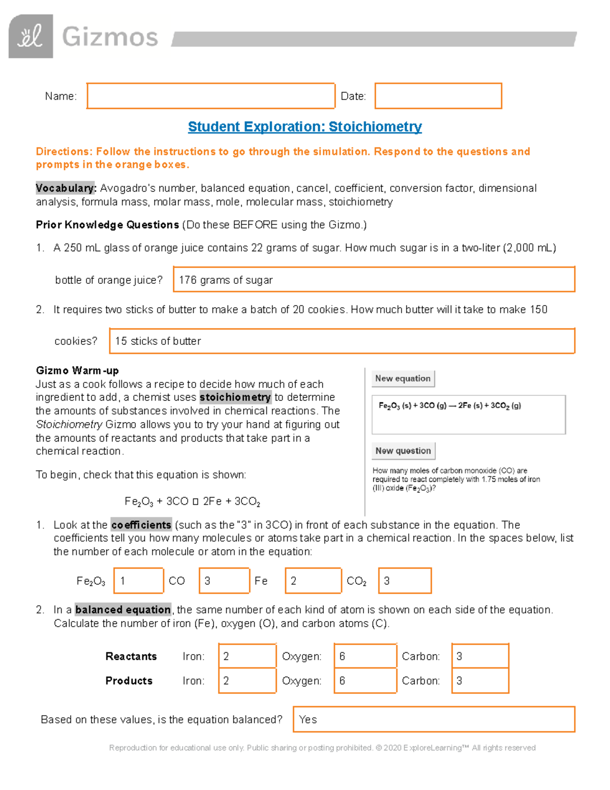 Stoichiometry - Name: Date: Student Exploration: Stoichiometry ...