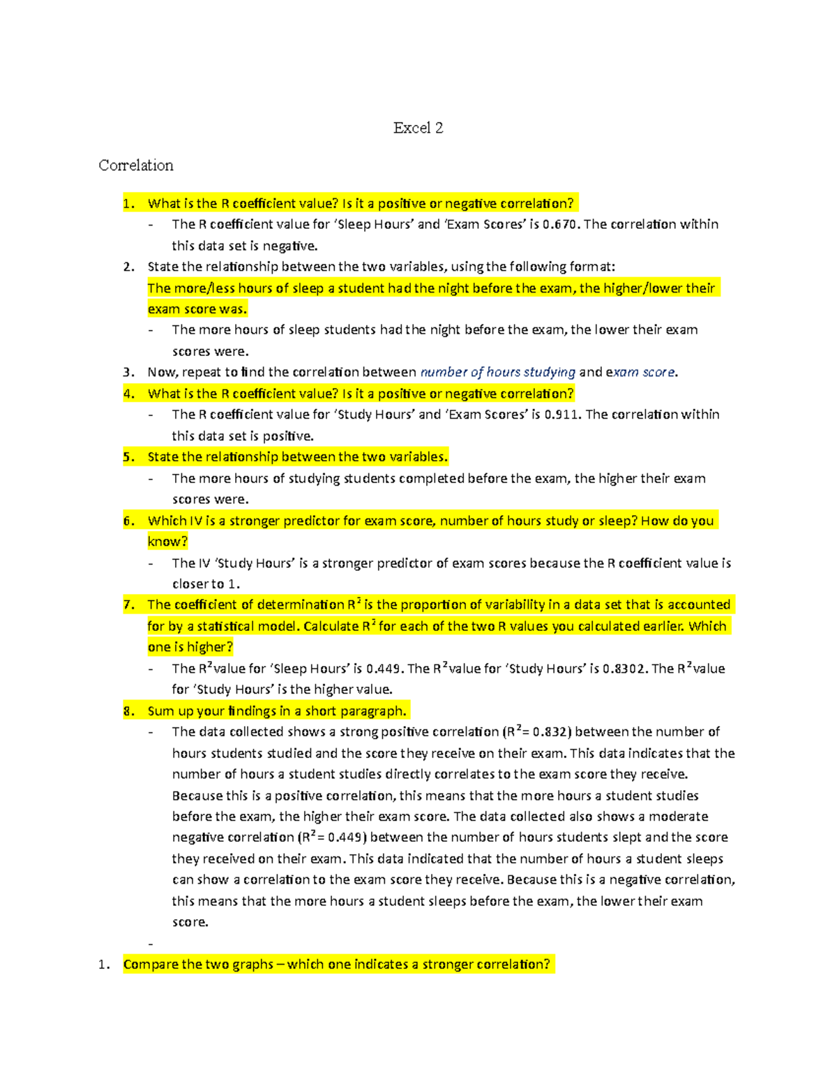 Excel Assignment 2 - Summary - Excel 2 Correlation What is the R ...