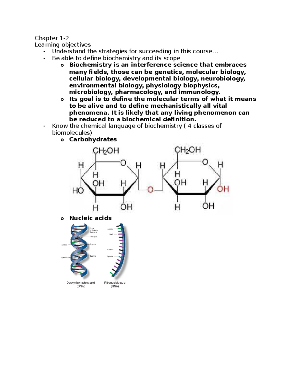 Biochemistry: Exam1 - notes for exam 1 - Chapter 1- Learning objectives ...