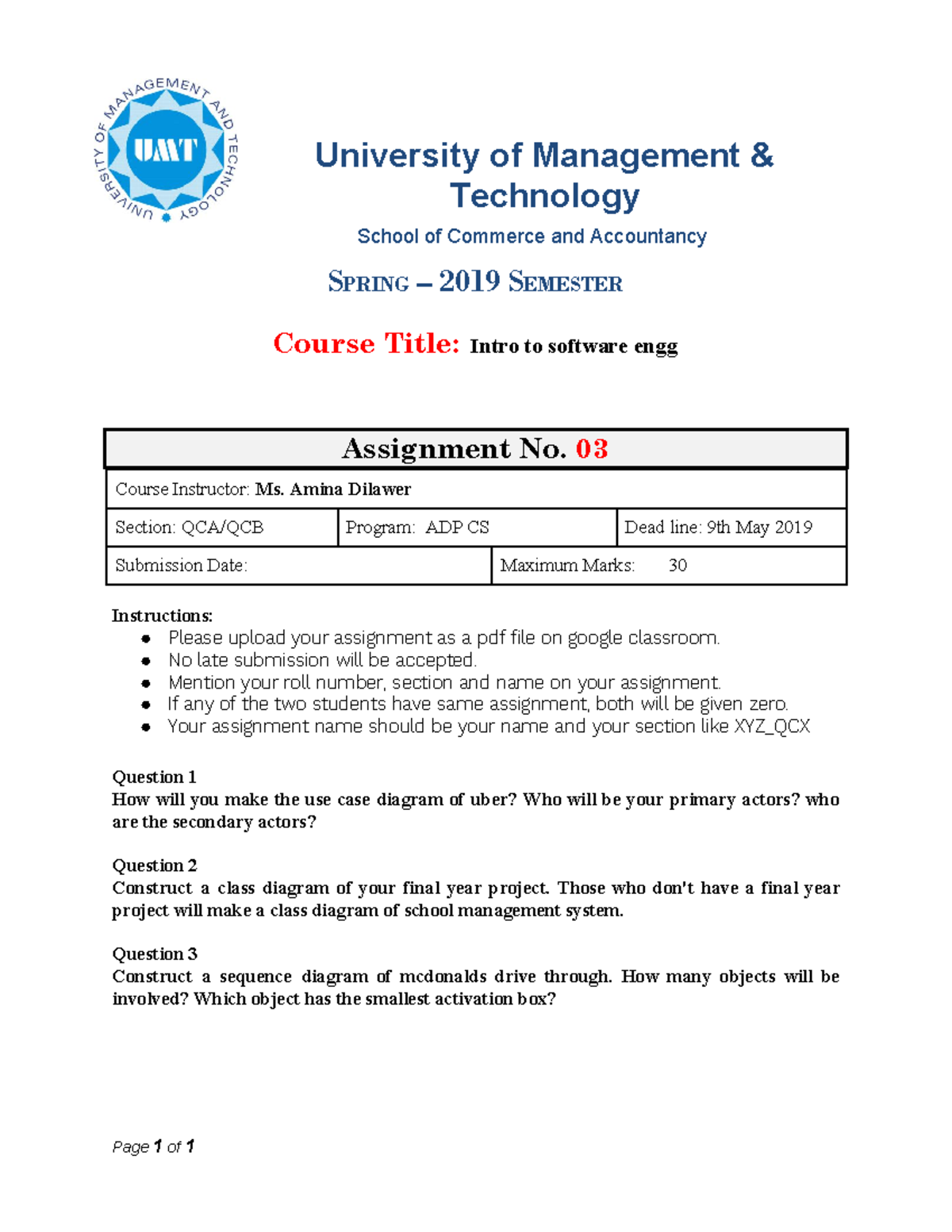 Assignment 3 SE - Software Engineering - University of Management ...