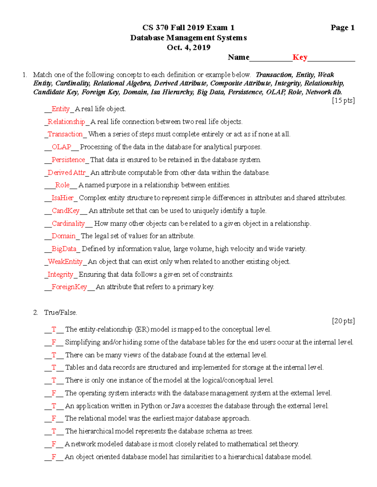 Mid1f19key - database exam - Database Management Systems Oct. 4, 2019 ...