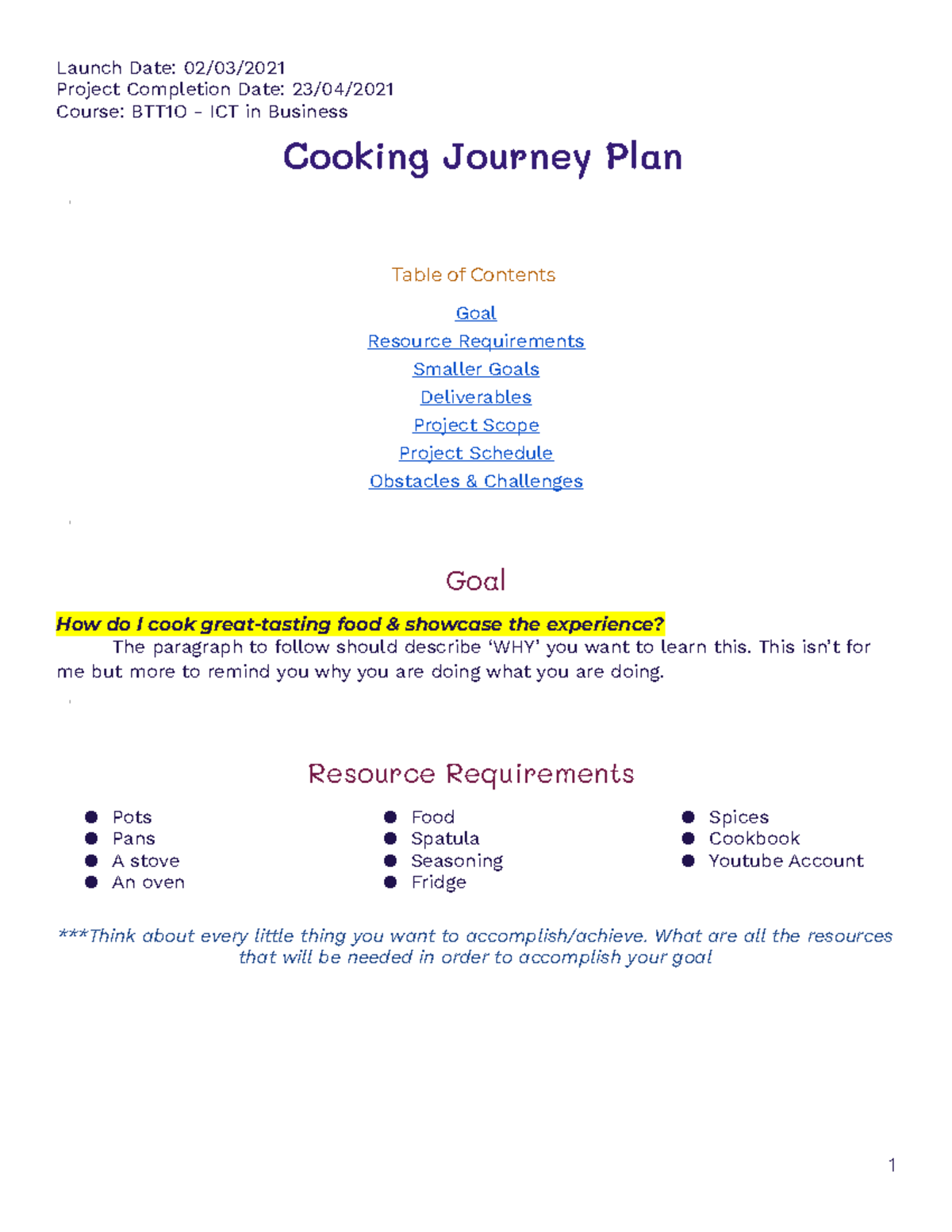 [ Exemplar] PBL Passion Project Plan - Project Completion Date: 23/04 ...