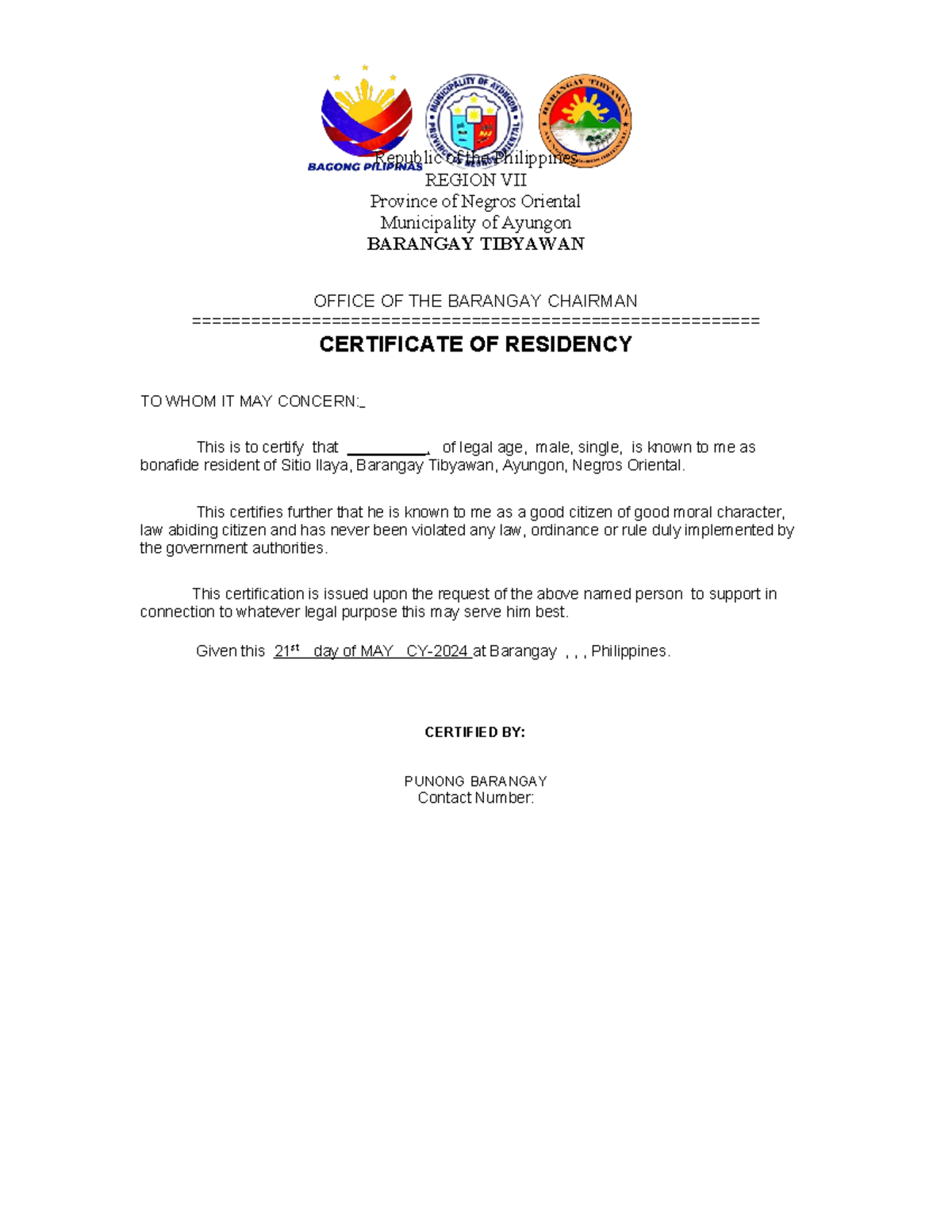 Residency format - Republic of the Philippines REGION VII Province of Negros Oriental ...