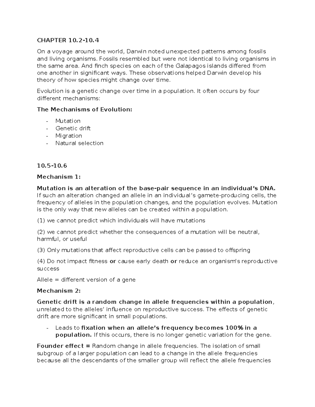 Bio Chapter 10 Notes - The 4 Mechanisms of Evolution - CHAPTER 10-10 ...