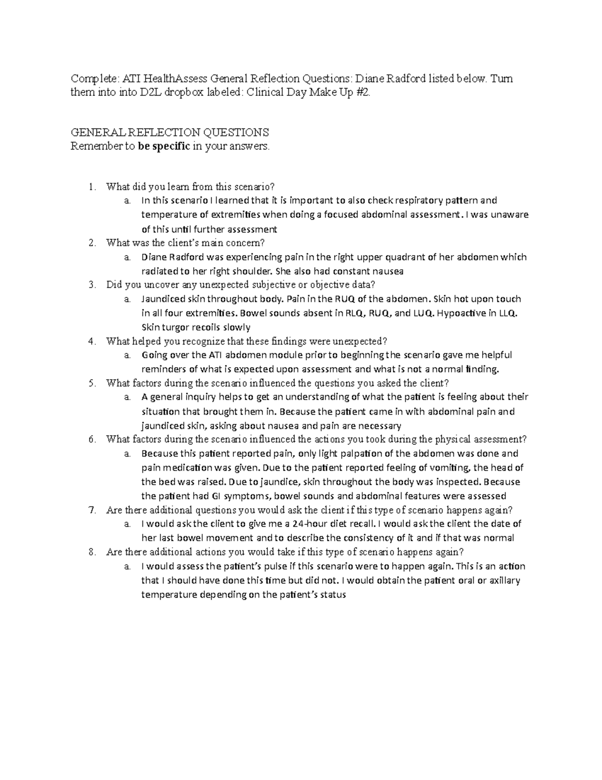 Diane Radford - General Reflective Questions - Complete: ATI ...