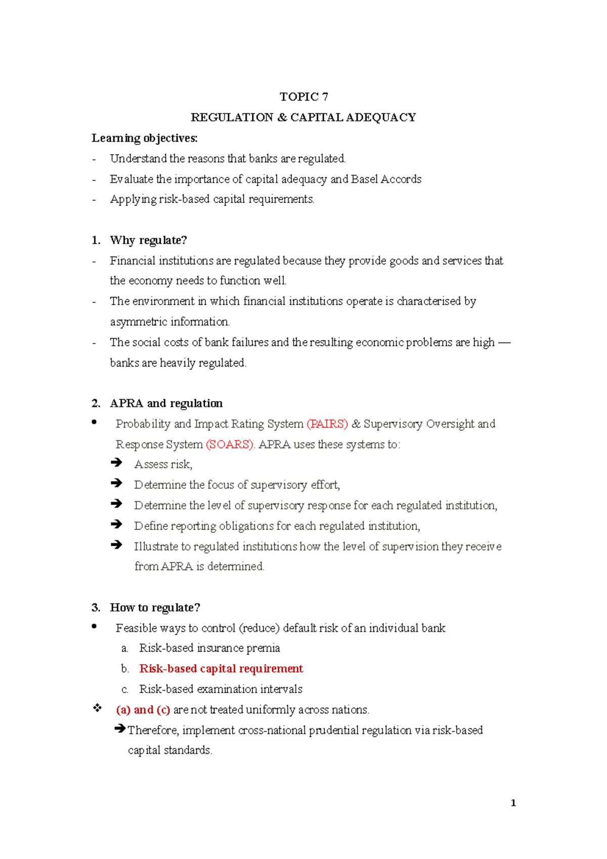 Topic 7 - Regulation & Capital Adequacy - TOPIC 7 REGULATION & CAPITAL ...