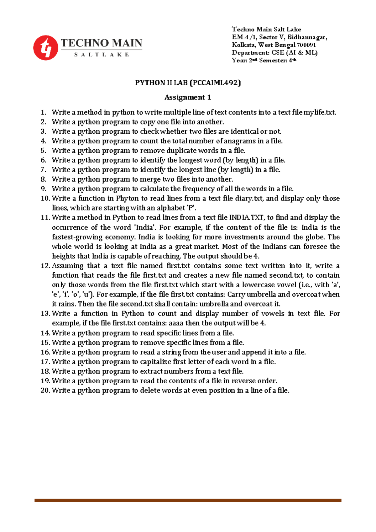 Assigntment 1 Python Lab - Techno Main Salt Lake EM-4/1, Sector V ...